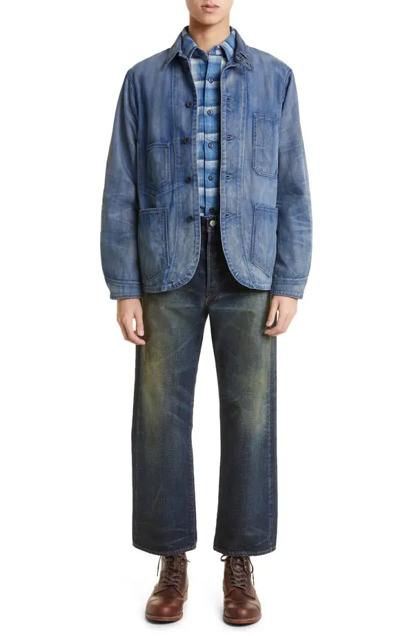Double Rl Indigo Stripe Twill Engineer Coat In Faded Indigo
